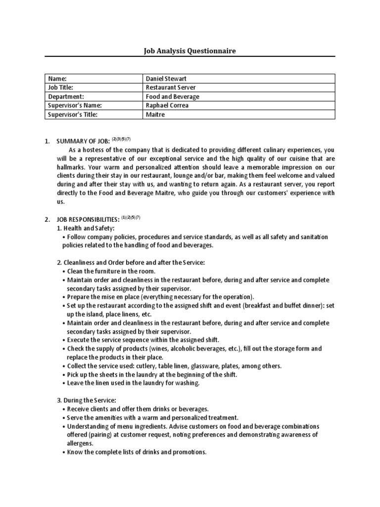 Part I - Job Analysis Questionnaire | PDF | Restaurants | Foods