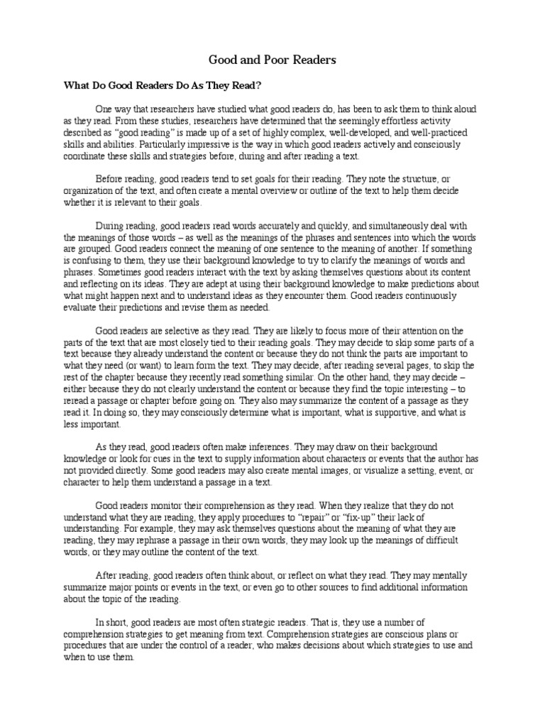 Good and Poor Readers | PDF | Reading Comprehension | Metacognition