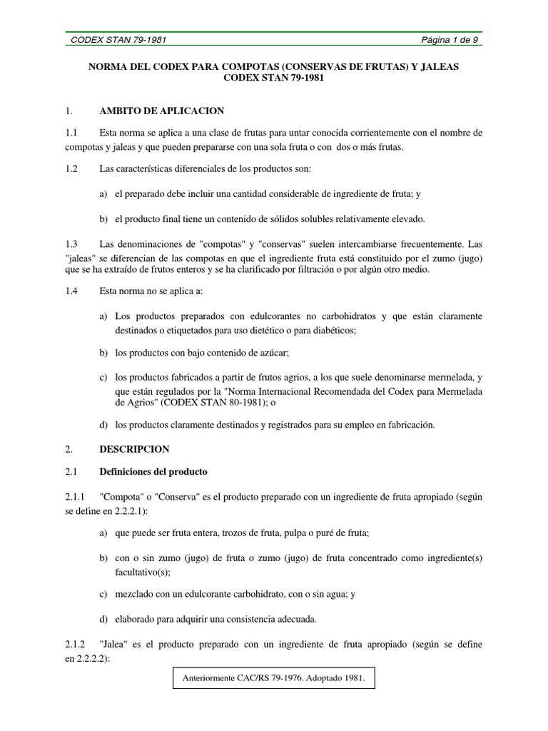 CODEX STAN 79-1981. Compotas y Jaleas. | PDF | Glucosa | Fructosa