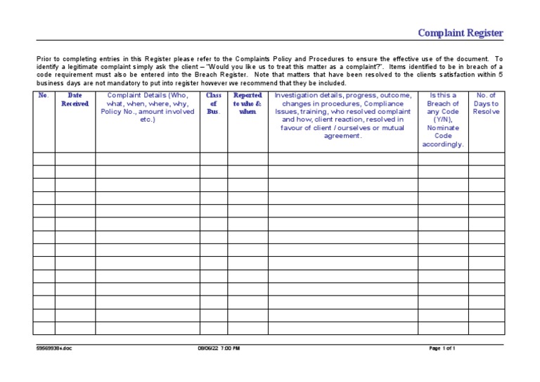 Complaint Register Template | PDF