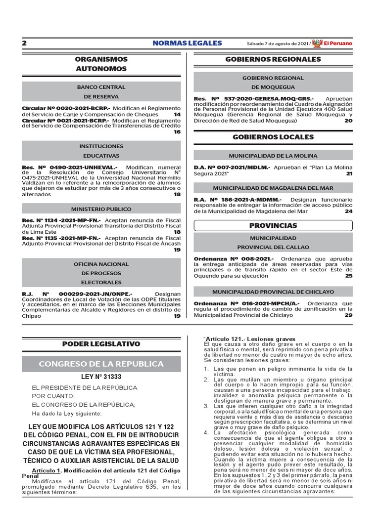 Ley Que Modifica Los Articulos 121 y 122 Del Codigo Penal C Ley N 31333 ...