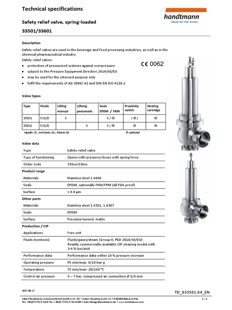 Handtmann Technical Specifications Safety Relief Valve 33501 33601 EN ...