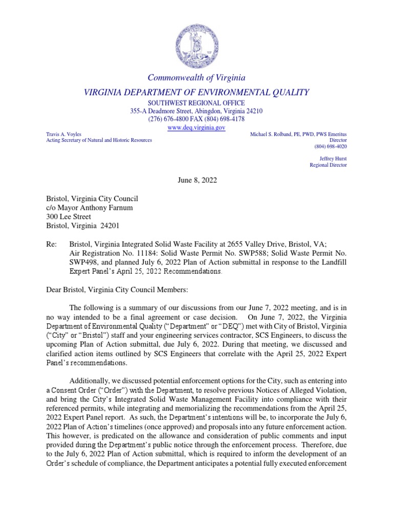 Virginia DEQ Letter To Bristol VA City Council | PDF