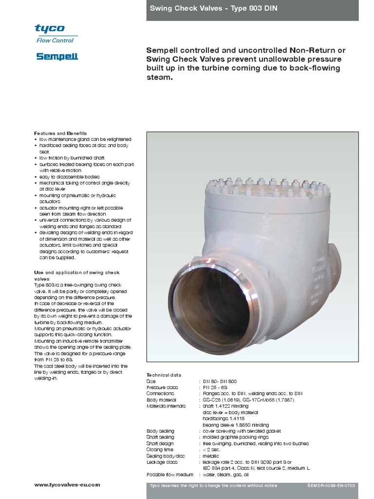 Sempell - Swing Check Valve Type 803 DIN - Техническое описание (eng ...