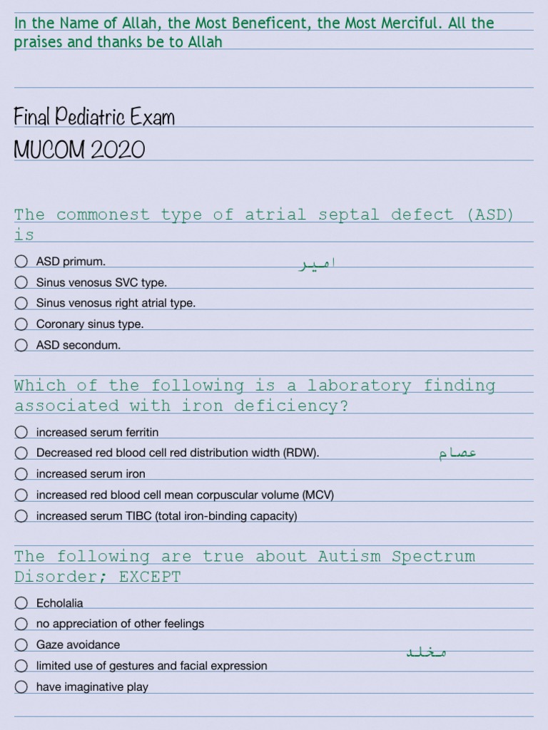 Final Pediatric Exam MUCOM 2020 | PDF | Congenital Heart Defect | Anemia