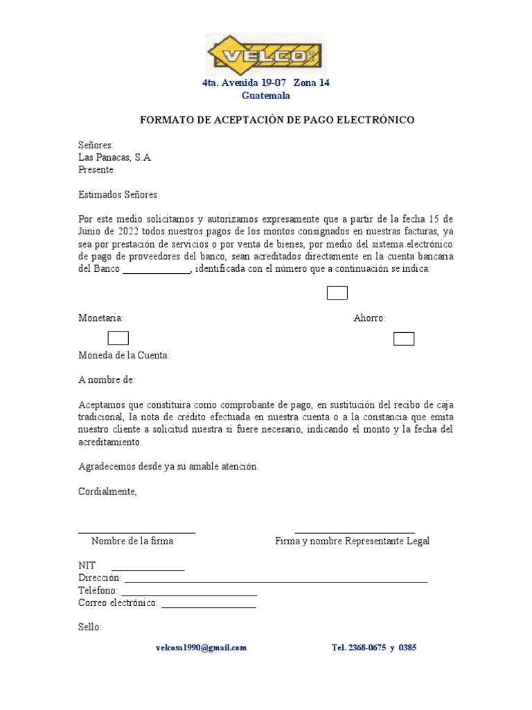 Formato De Aceptación De Pago Electrónico Las Panacas S A Pdf