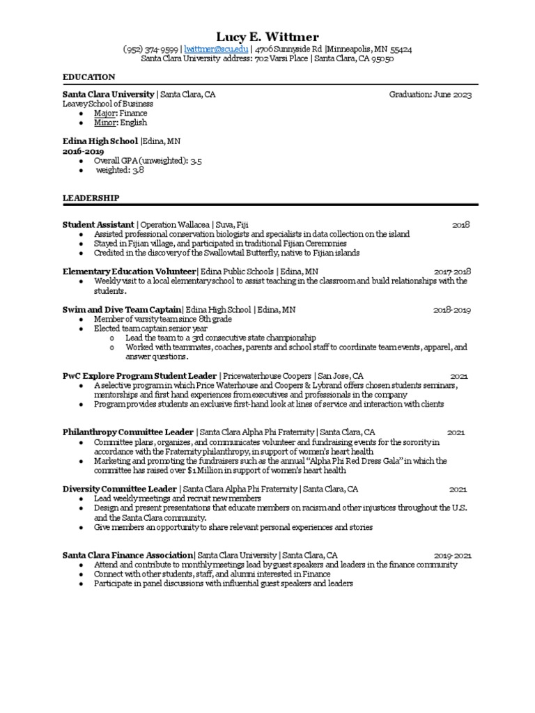 Lucy Wittmer Resume | PDF | Fraternities And Sororities ...