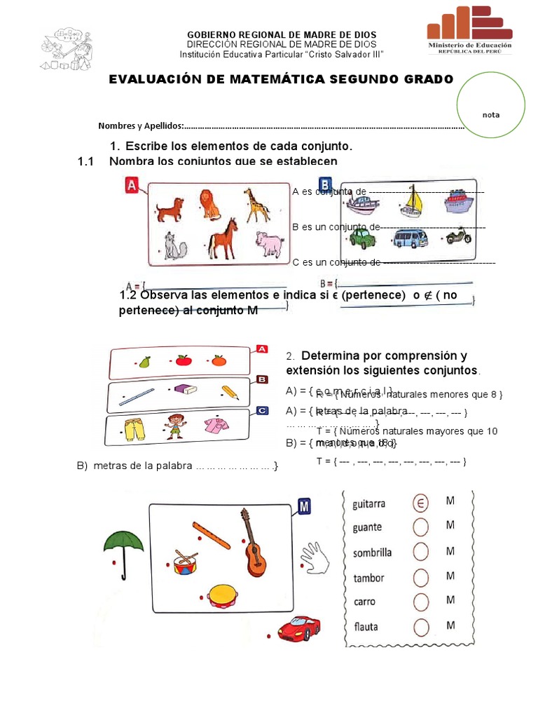 Evaluación de Matemáticas 2° Grado | PDF | Conjunto (Matemáticas ...
