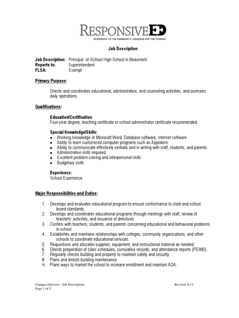 Campus Director - Job Description June 2011 | PDF | Employment | Teachers