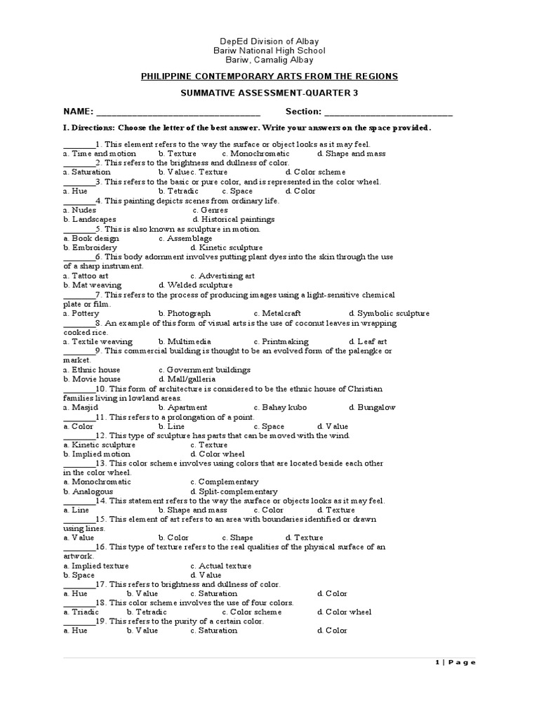 Summative Assessment-Contemporary Arts | PDF | Paintings | Color