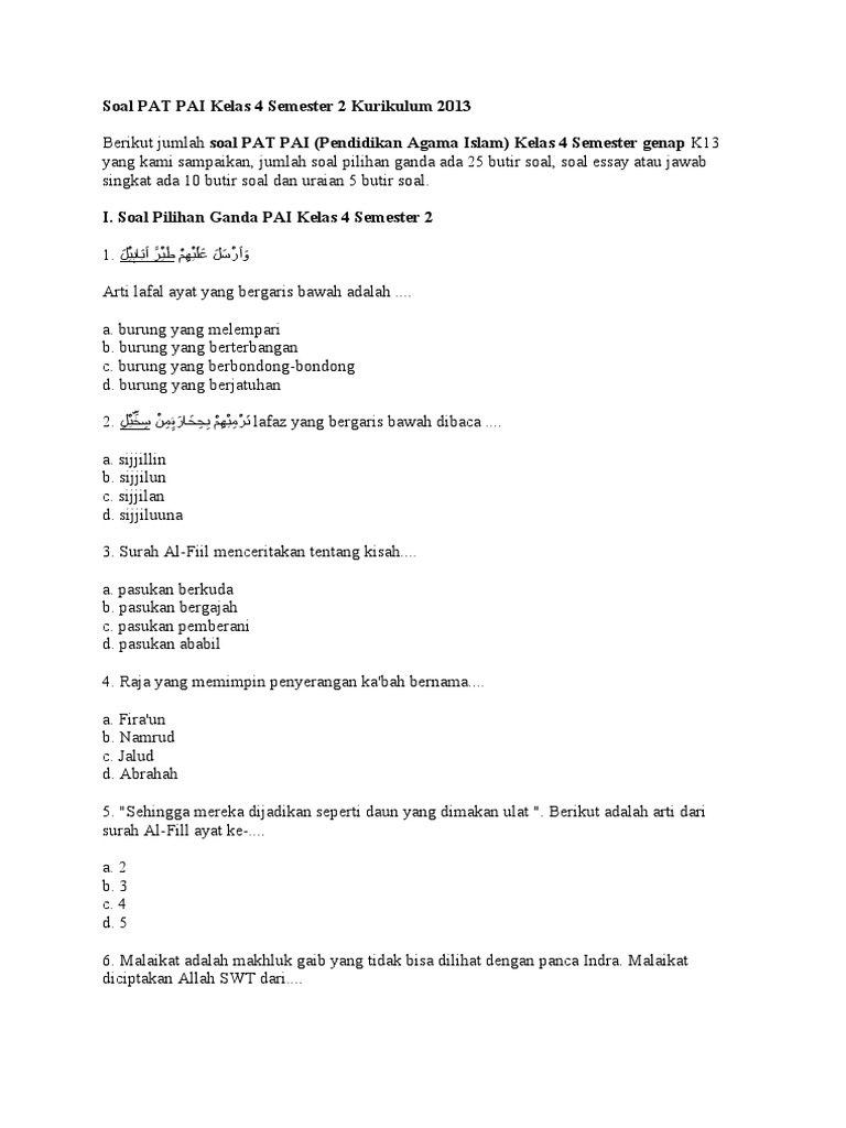Soal PAT PAI Kelas 4 Semester 2 Kurikulum 2013 | PDF