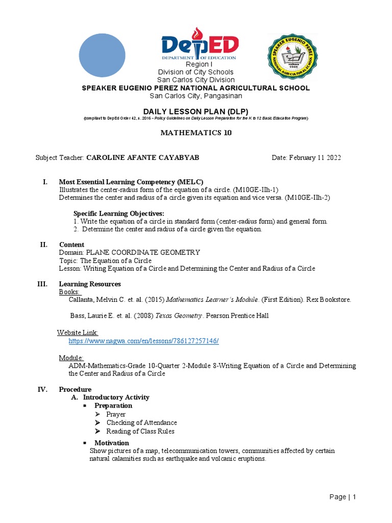 Demonstration Lesson Plan in Webcast Video Lesson Math 10 Q2 Week 8 CAC ...
