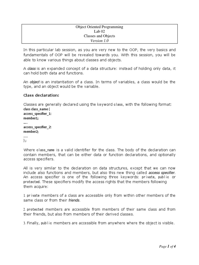 Object Oriented Programming Lab 02 Classes and Objects: Class Declaration | PDF | Class ...