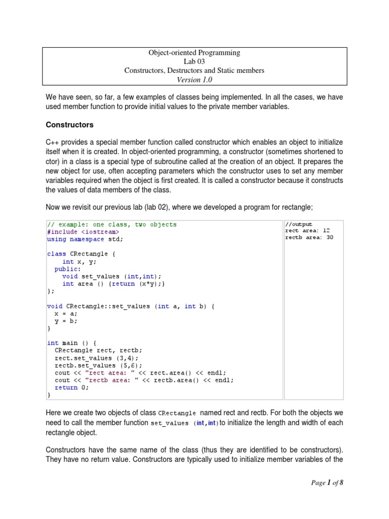 Constructors Object Oriented Programming Lab 03 Constructors Destructors And Static Members