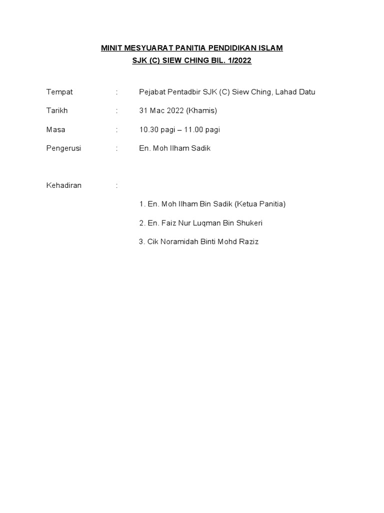 Minit Mesyuarat Panitia Pendidikan Islam Bil 1 - 2022 | PDF