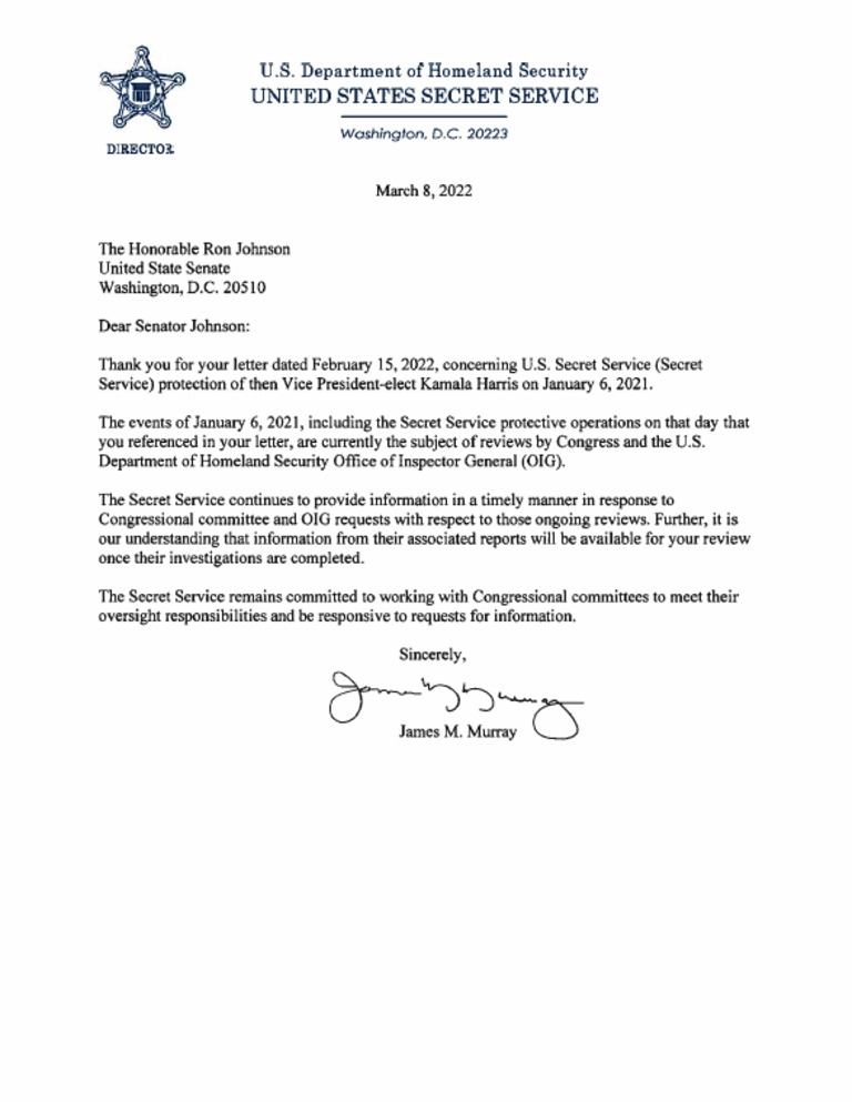 Secret Service Letter To Ron Johnson - March 2022 | PDF