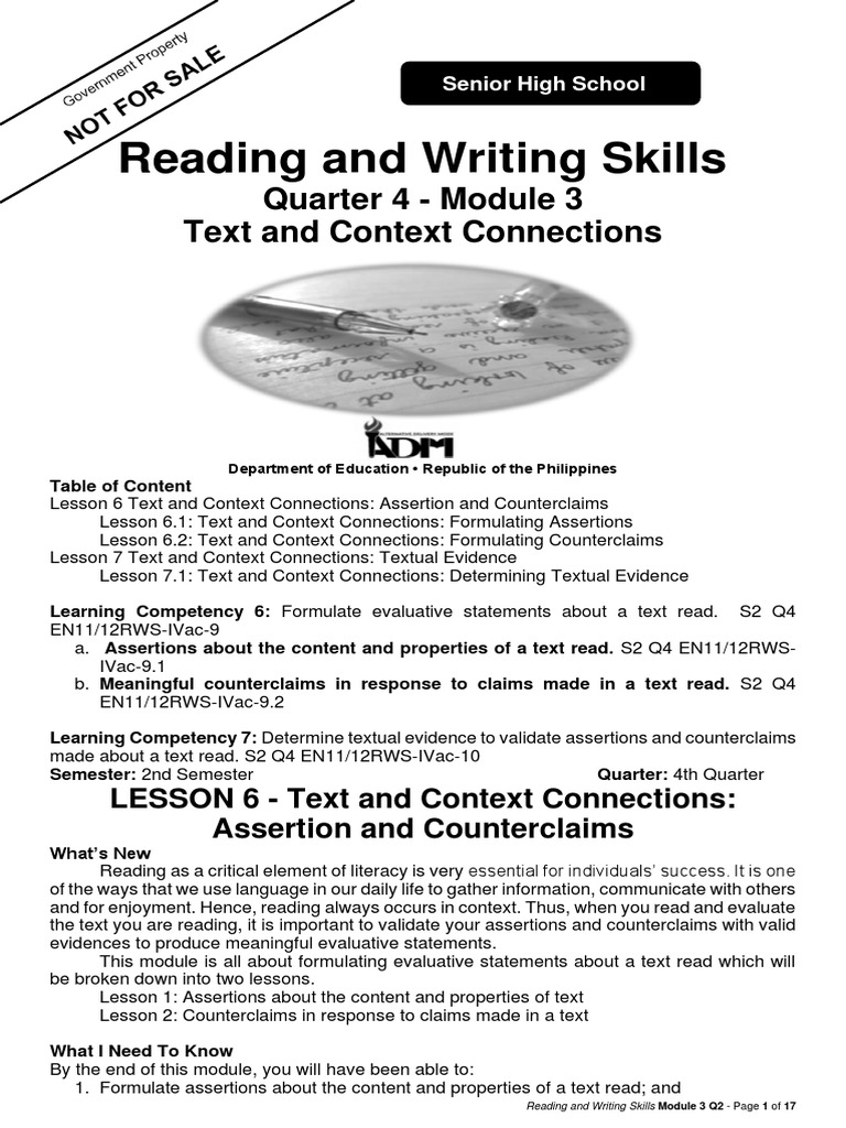 Reading and Writing Skills: Quarter 4 - Module 3 Text and Context ...