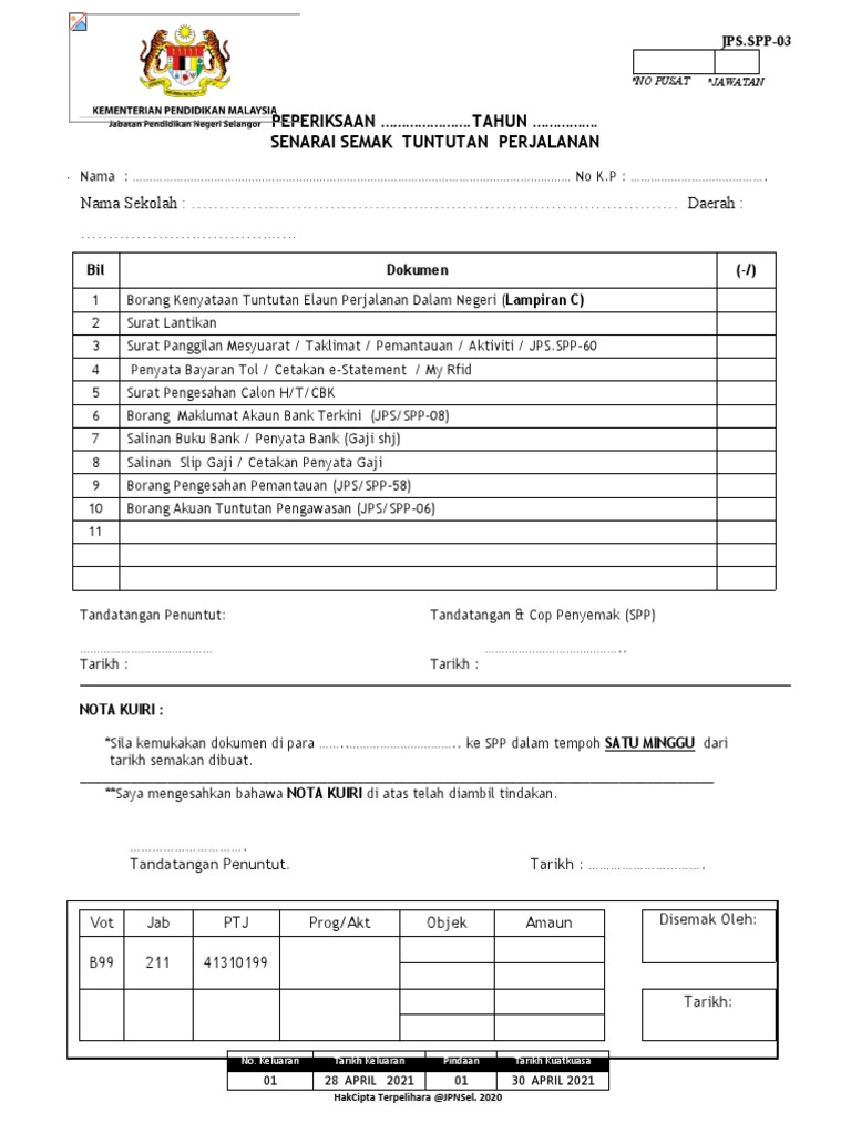 JPS - SPP-03 Senarai Semak Dokumen TNT - Perjalanan | PDF