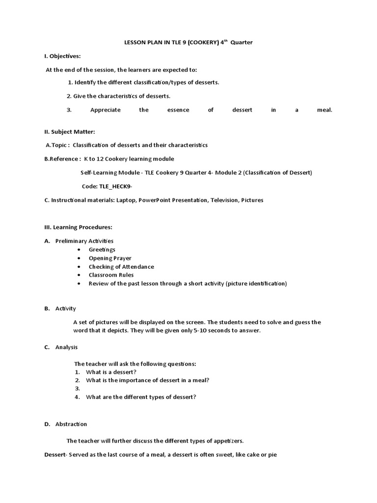TLE 9 Cookery Lesson Plan: Desserts | PDF | Teachers | Lesson Plan