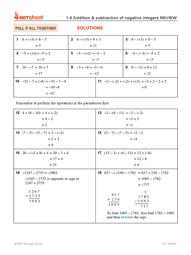 Solutions: 1.6 Addition & Subtraction of Negative Integers REVIEW Pull ...