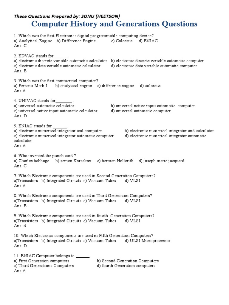 Computer History and Generations Questions Papers With Answers | PDF