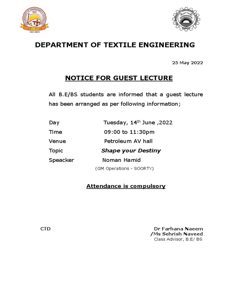 Department of Textile Engineering: Notice For Guest Lecture | PDF