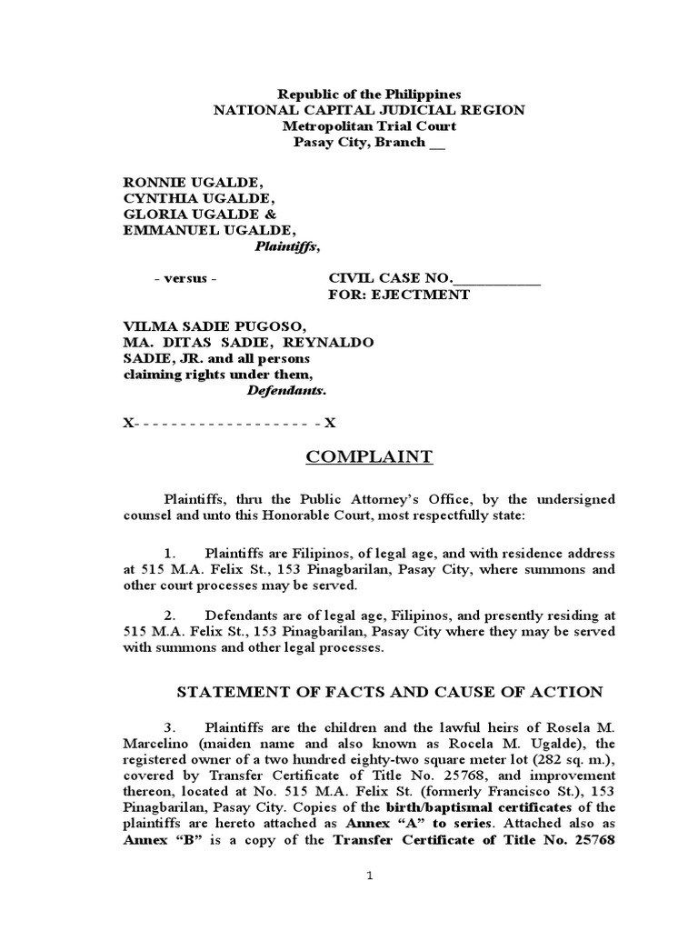 Complaint For Ejectment | PDF | Complaint | Plaintiff