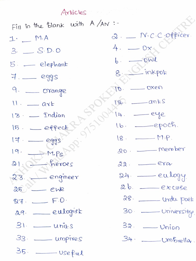 Articles A&an Fill in The Blanks | PDF