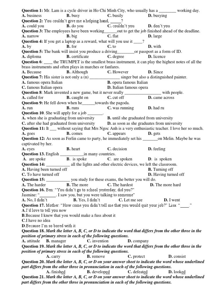 Mark the letter A, B, C, or D to find the word with a different primary stress position