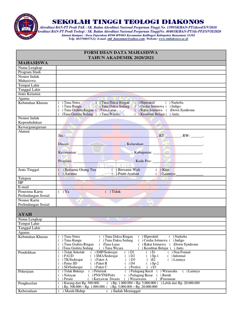 Formulir Data Mahasiswa STT Diakonos | PDF