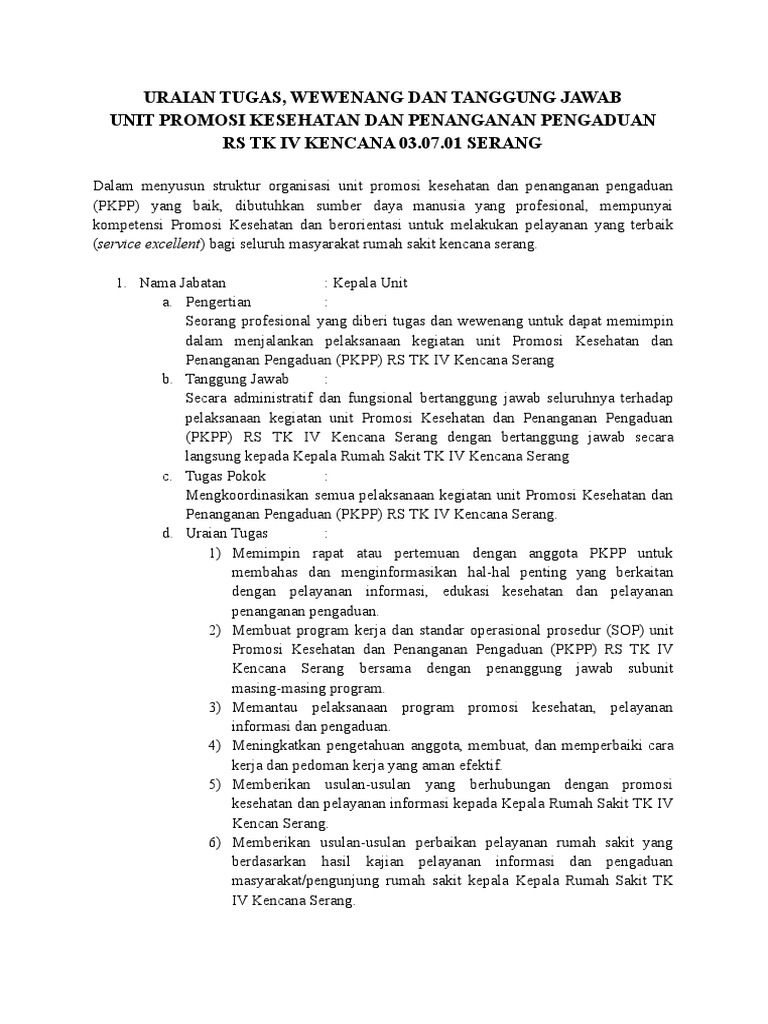 Uraian Tugas, Wewenang Dan Tanggung Jawab PKPP | PDF