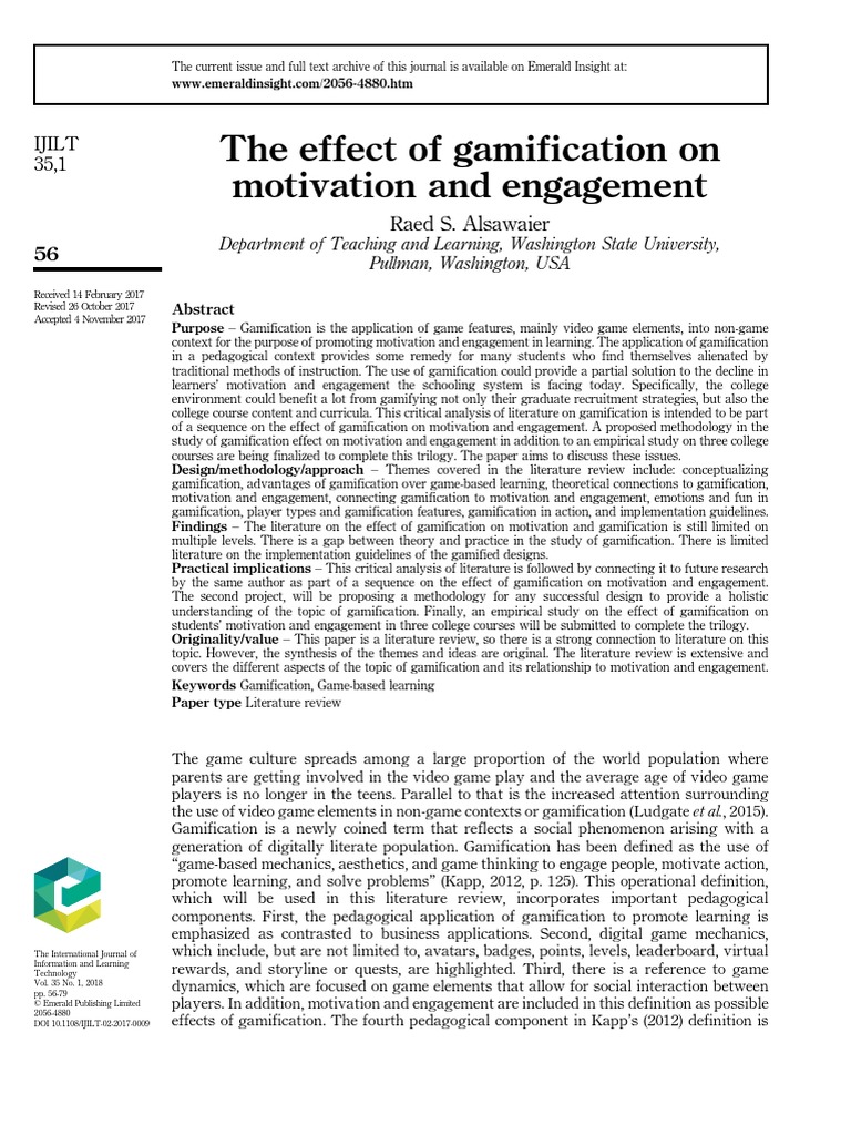 The Effect of Gamification On Motivation and Engagement: Ijilt 35,1 ...