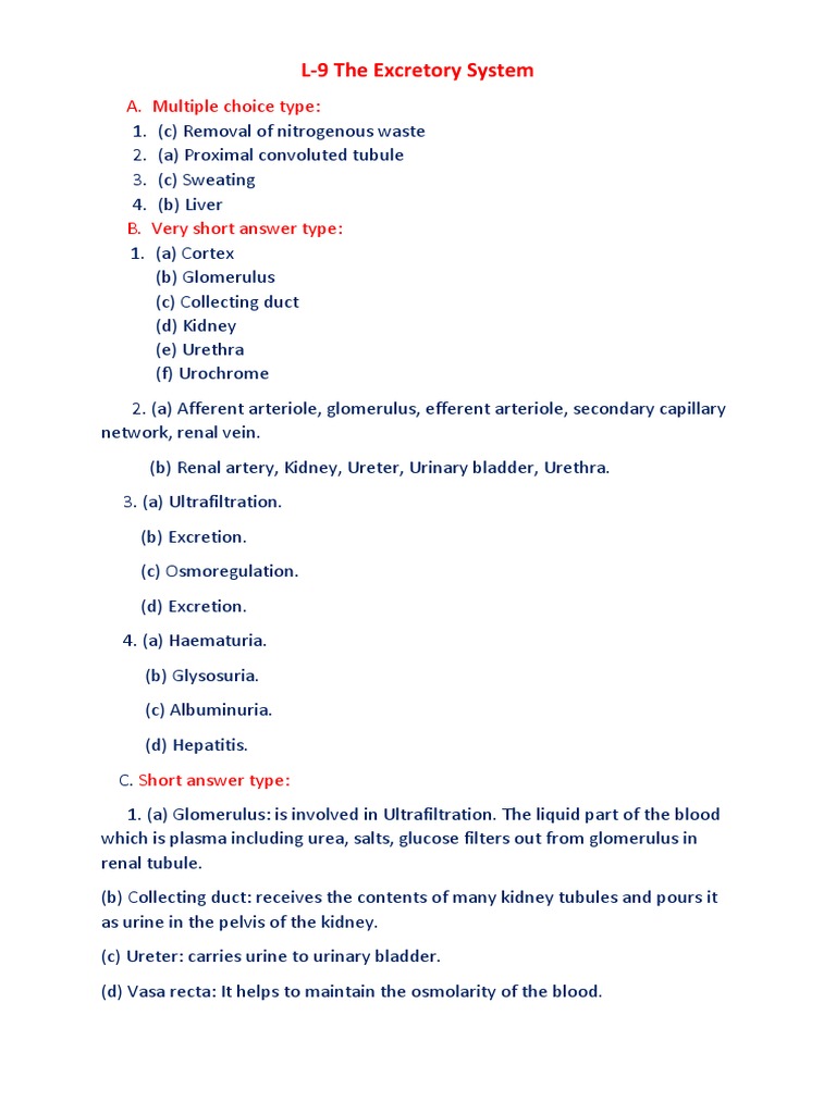 L-9 The Excretory System: A. Multiple Choice Type | Download Free PDF ...