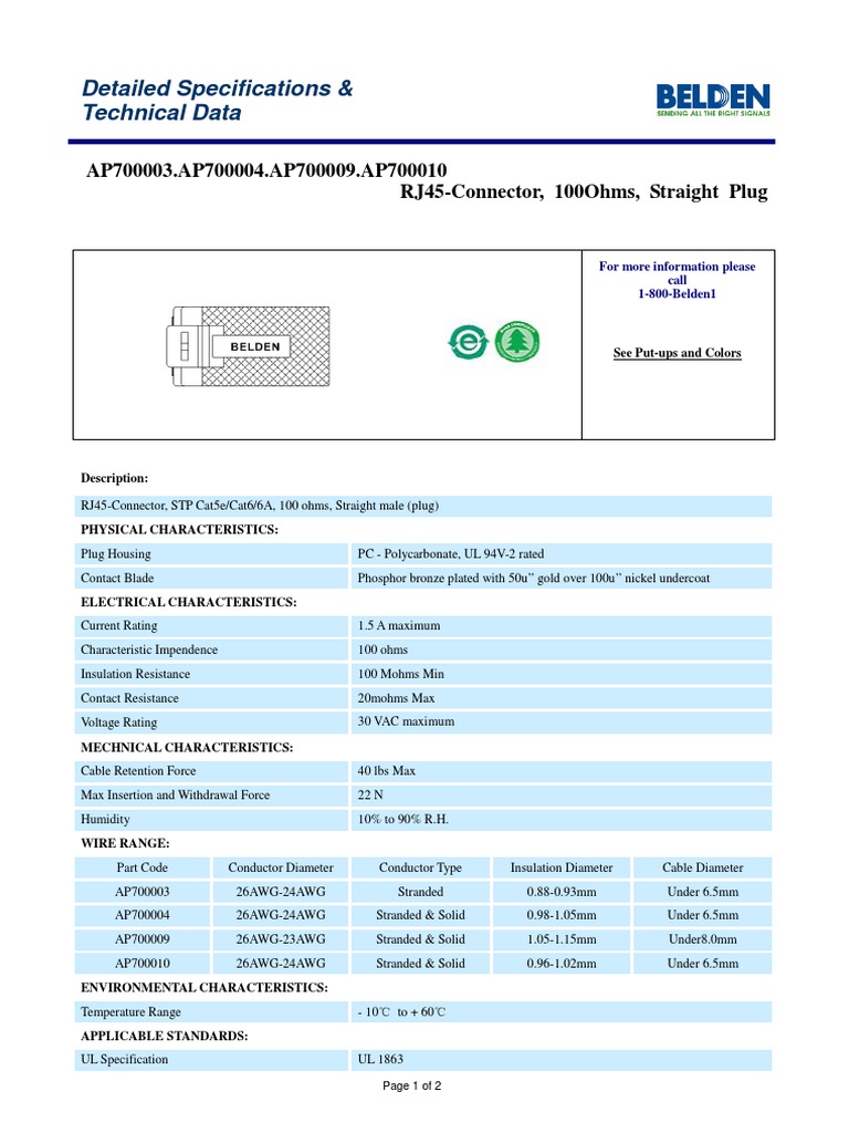 Ap700003.ap700004.ap700009.ap700010 RJ45 Belden Cat 6 STP | PDF ...