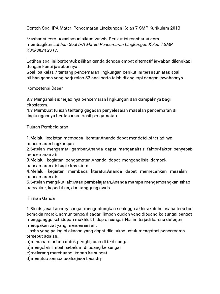 Contoh Soal IPA Materi Pencemaran Lingkungan Kelas 7 SMP Kurikulum 2013 | PDF