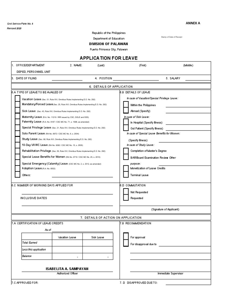 DepEd Palawan Leave Application Form | PDF | Parental Leave | Sick Leave