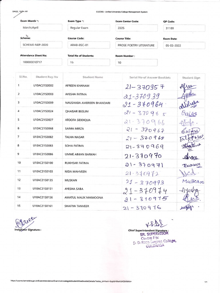 Analysis of an Exam Attendance Sheet from a Unified University College ...