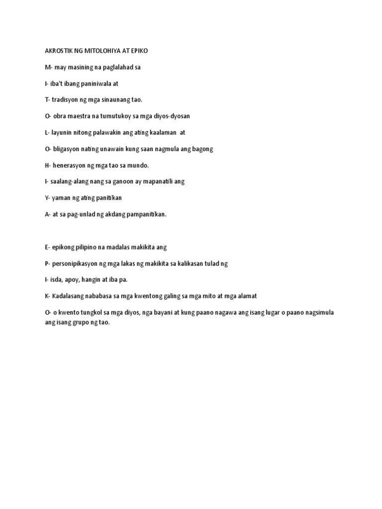 Akrostik NG Mitolohiya At-Epiko (Viloria, Maricel A.) | PDF