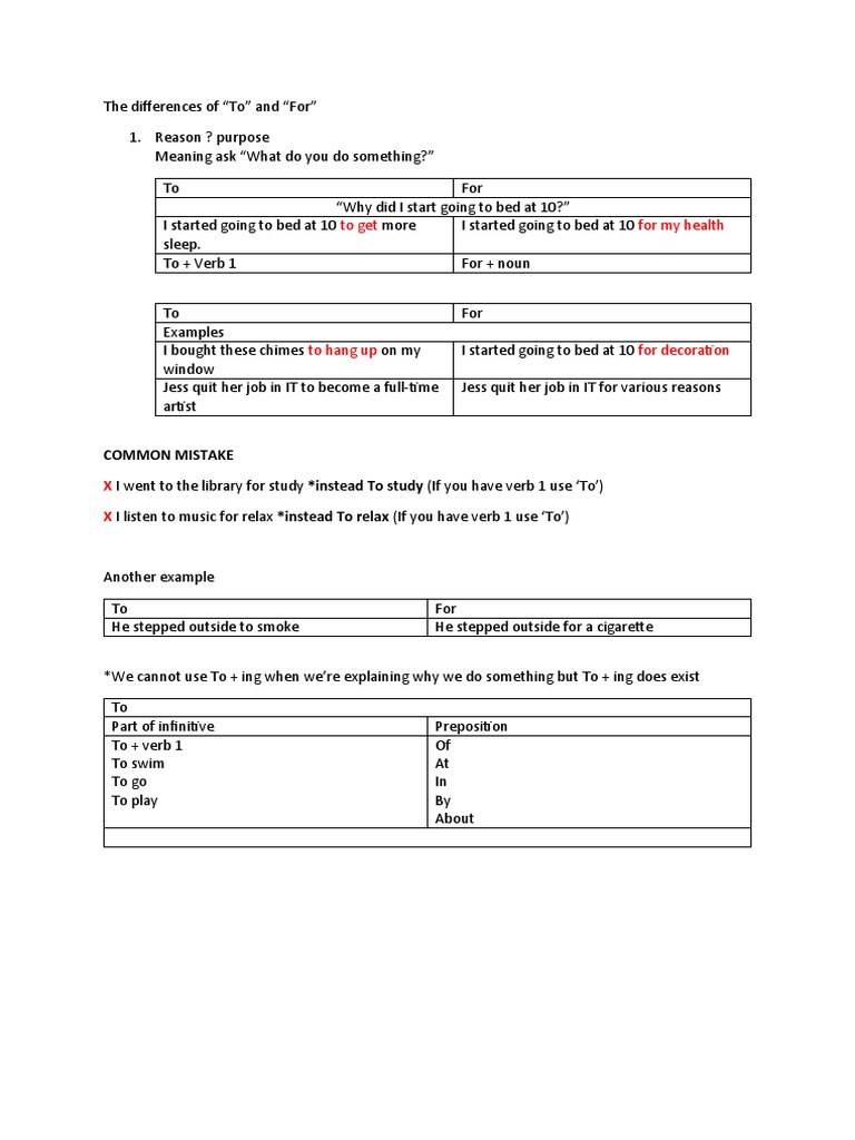 The Differences of TO AND FOR | PDF