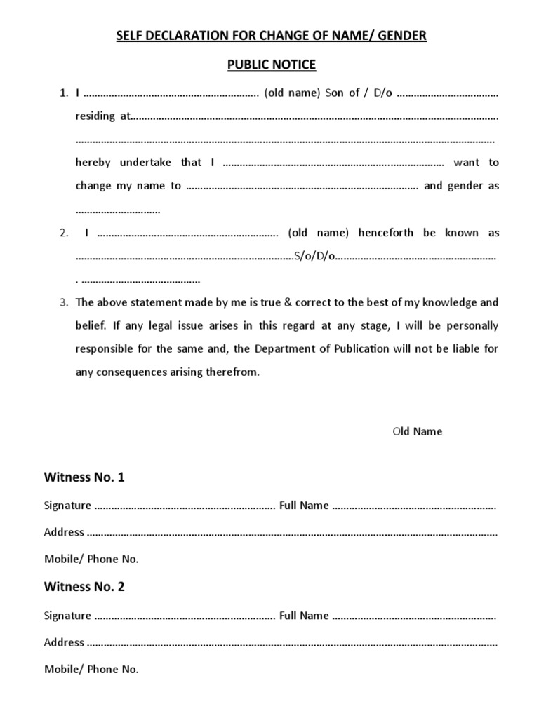 Self Declaration For Change of Name/ Gender Public Notice | PDF