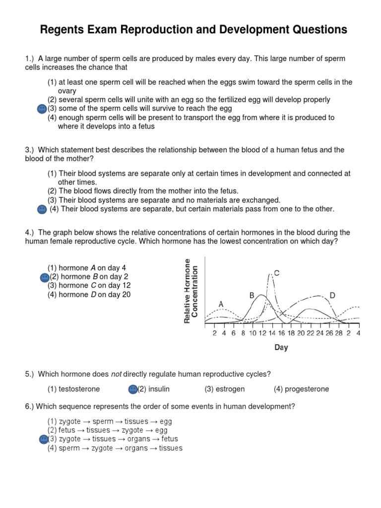 Answers To Regents Questions On Reproduction | PDF | Embryo | Fertilisation