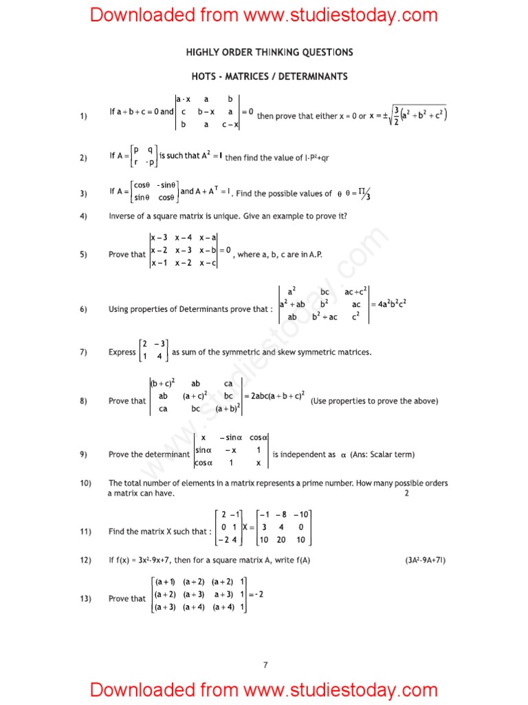 CBSE Class 12 Mathematics Matrices and Determinants Worksheet Set H | PDF | Matrix Theory ...