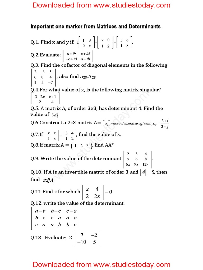 CBSE Class 12 Mathematics Matrices and Determinants Worksheet Set J | Download Free PDF | Matrix ...