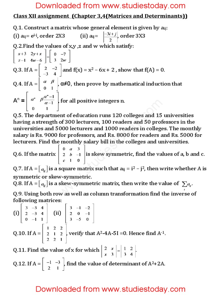 CBSE Class 12 Mathematics Matrices & Determinants Worksheet (3)_0 | PDF | Determinant | Matrix ...