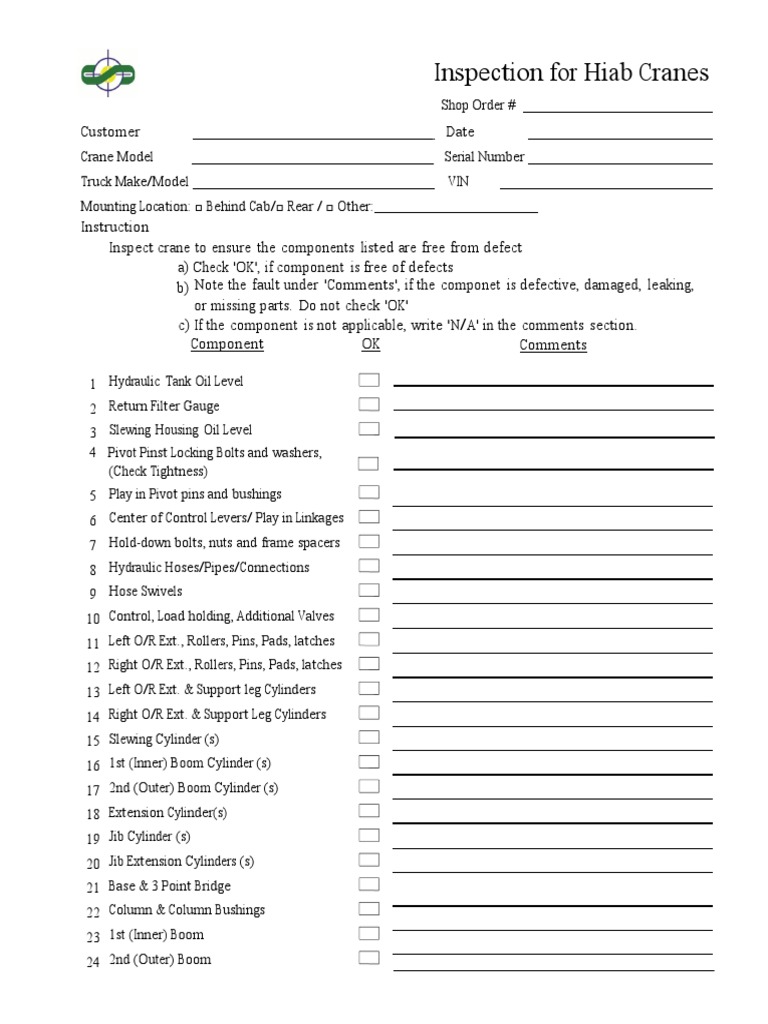 Hiab Crane Inspection Checklist | PDF