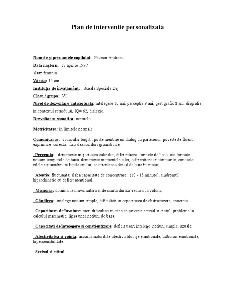 Plan de Interventie Personalizata | PDF