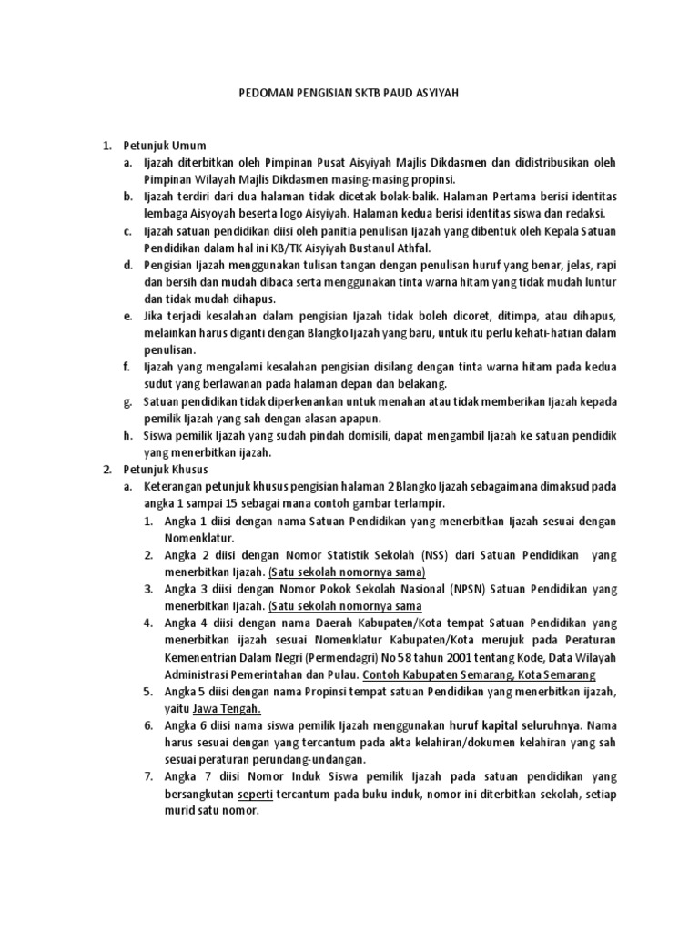 Pedoman Pengisian SKTB Paud Asyiyah | PDF