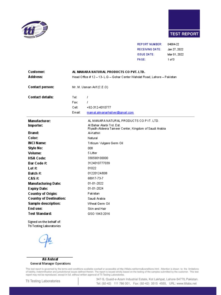 Test Report Wheat Germ Oil | PDF | Chemistry | Metals