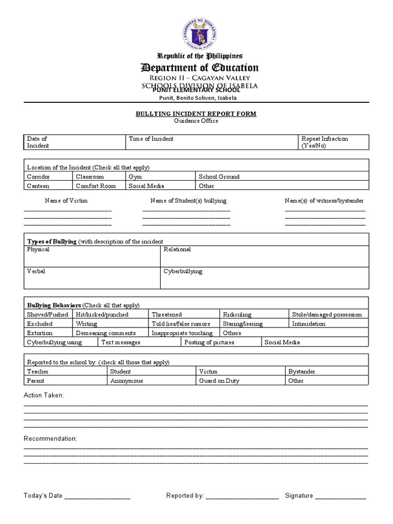 Punit Elementary School: Bullying Incident Report Form | PDF ...