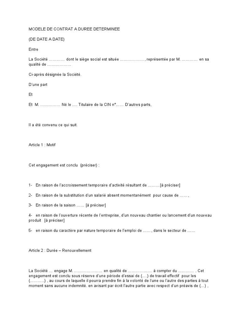 Modele de Contrat CDD Avec Clauses | Descargar gratis PDF | Business ...